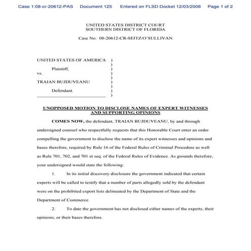 Unopposed motion to disclose names of expert witnesses and supporting ...