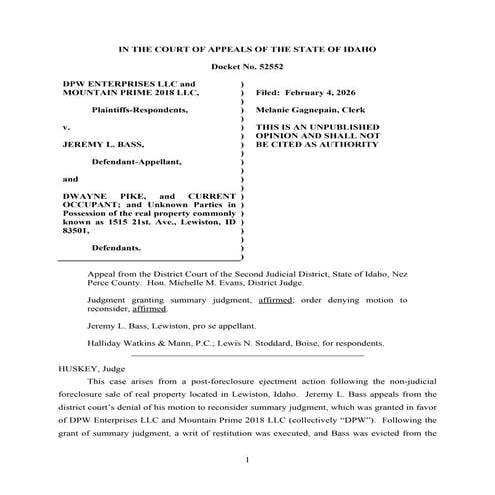 Bass v. DPW: Foreclosure Ejectment Appeal | PDF