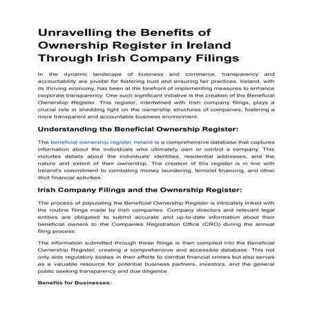 Unravelling the Benefits of Ownership Register in Ireland Through Irish ...