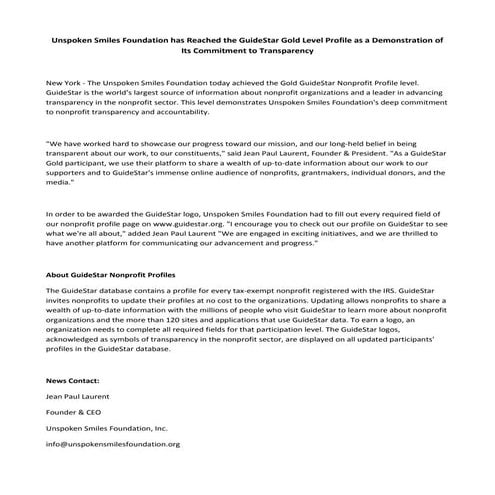 Unspoken Smiles Foundation has Reached the GuideStar Gold Level Profile ...