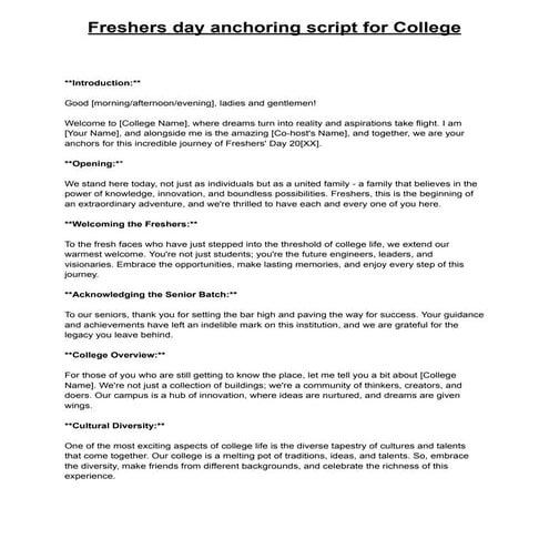 Freshers day anchoring script for College | PDF
