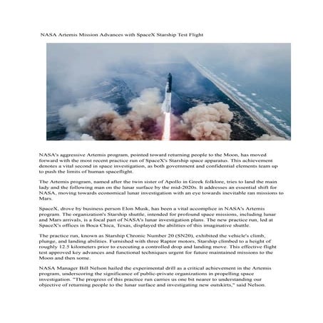 NASA Artemis Mission Advances with SpaceX Starship Test Flight | PDF ...