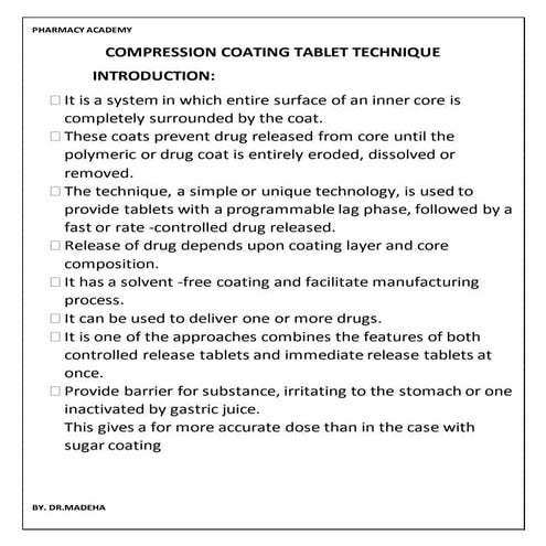 COMPRESSION COATING TABLET TECHNIQUE BY PHARMACY ACADEMY | DOCX