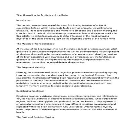 Unraveling Exploring the Mysteries of the Brain | PDF