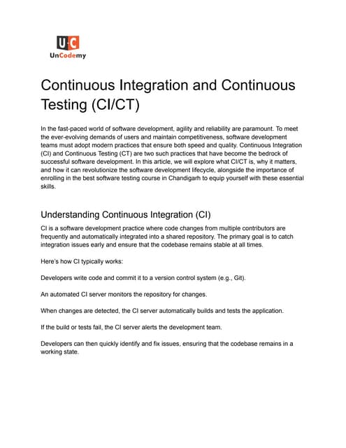 Continuous Integration And Continuous Testing Cict Pdf Web Development Internet