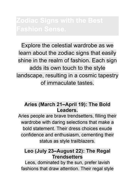 Zodiac Signs and Fashion: Dressing to Suit Your Astrological Style | PDF