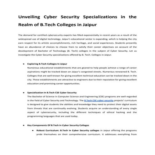 Unveiling Cyber Security Specializations in the Realm of B.Tech Colleges in Jaipur | PDF