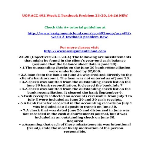 Uop acc 492 week 2 textbook problem 23 | DOC | Business Accounting & Finance | Business