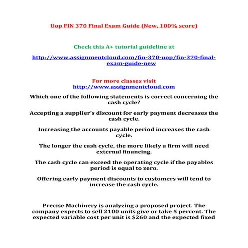 Uop fin 370 final exam guide | PDF