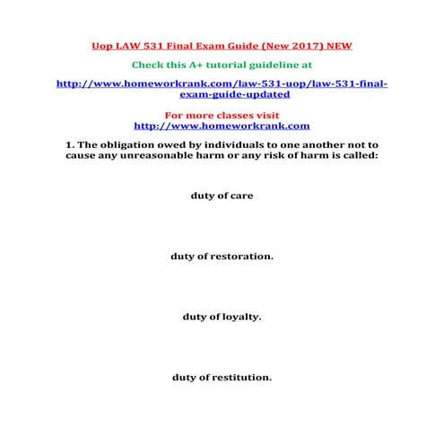 Uop law 531 final exam guide | DOC