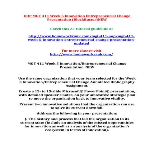 Uop mgt 411 week 5 innovation entrepreneurial change presentation ...