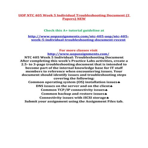 Uop ntc 405 week 5 individual troubleshooting document | DOC