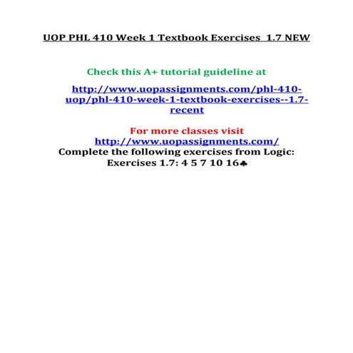 Uop phl 410 week 1 textbook exercises | DOC