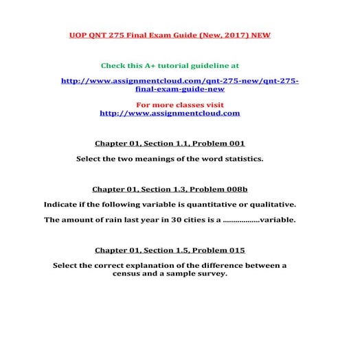 Uop qnt 275 final exam guide | PDF