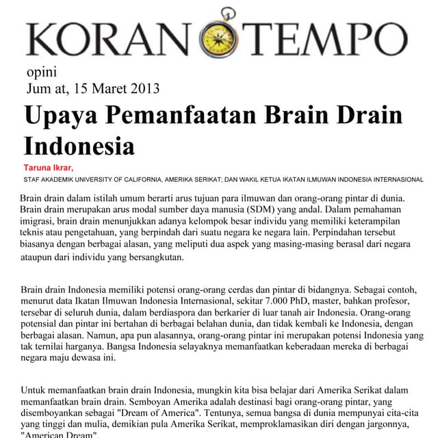 Upaya pemanfaatan brain drain indonesia (by taruna ikrar) koran tempo 15 maret 2013 | PDF