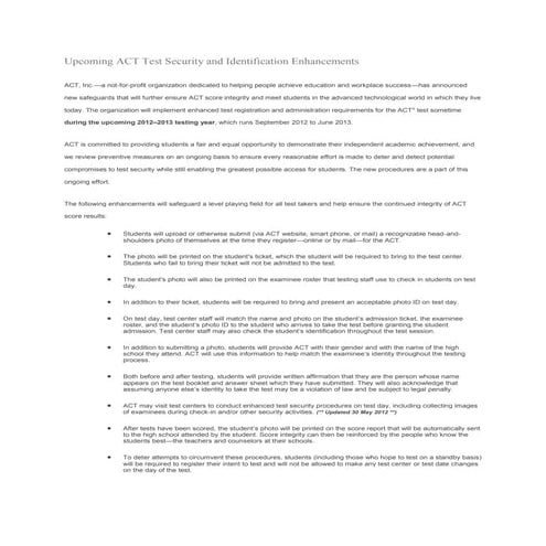 Upcoming ACT Test Security and Identification Enhancements | PDF