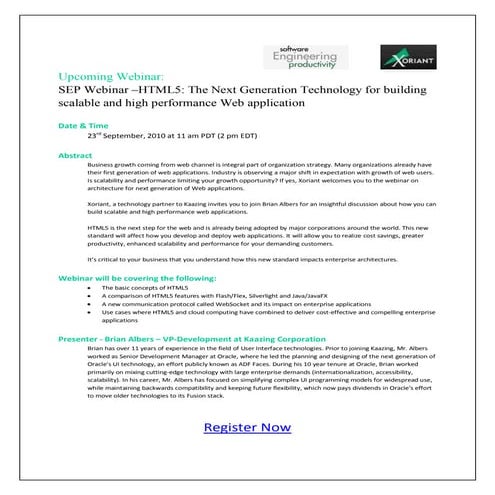 SEP Webinar –HTML5: The GenX Technology for building scalable and high performance Web ...