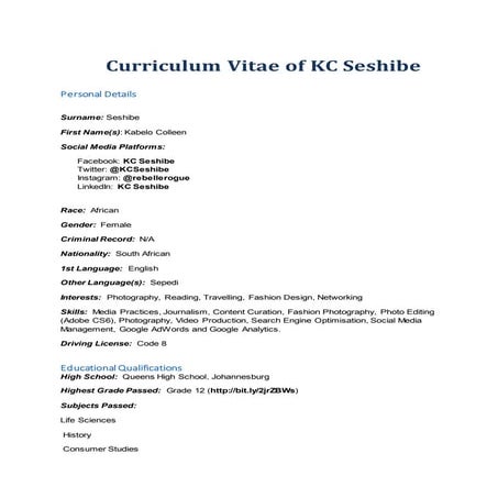 Updated curriculum vitae of KC Seshibe | DOCX