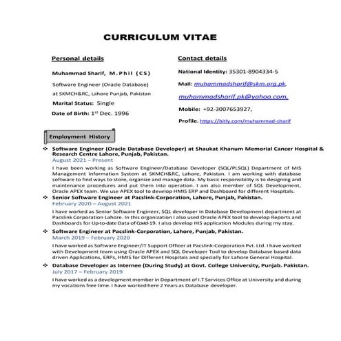UPDATED CV BY MUHAMMAD SHARIF.pdf | Databases | Computer Software and Applications