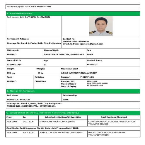 Updated CV Ch. Officer SDPO Jun Anthony Jamolin | DOCX