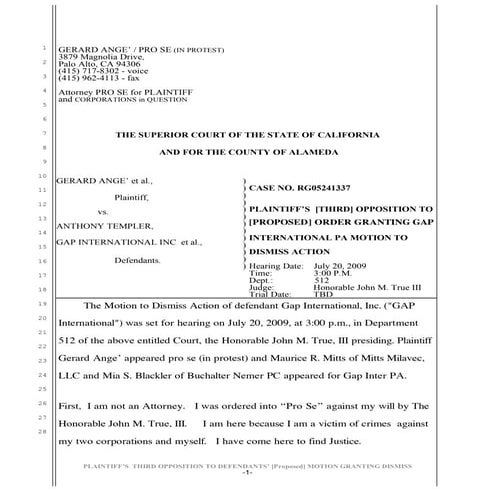 Objection To Third Proposed Order Granting Dismiss Gap Gerard Ange Win ...