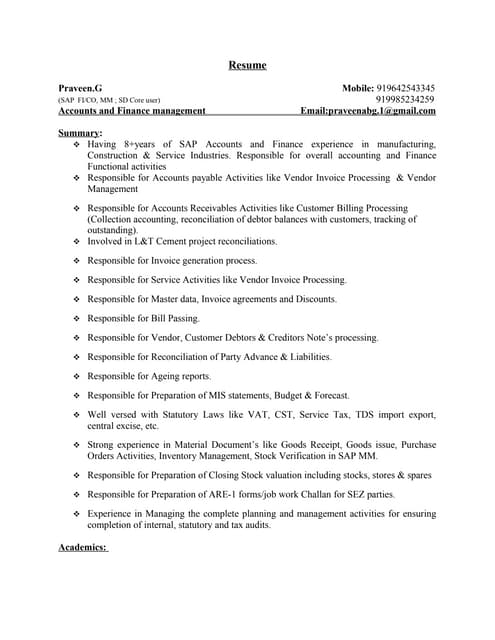 Sap FICO resume | DOCX | Business Accounting & Finance | Business