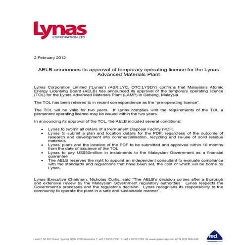 Lynas Receives Temporary Operating License from AELB | PDF