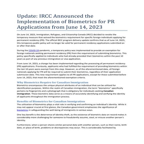 Update IRCC Announced the Implementation of Biometrics for PR ...