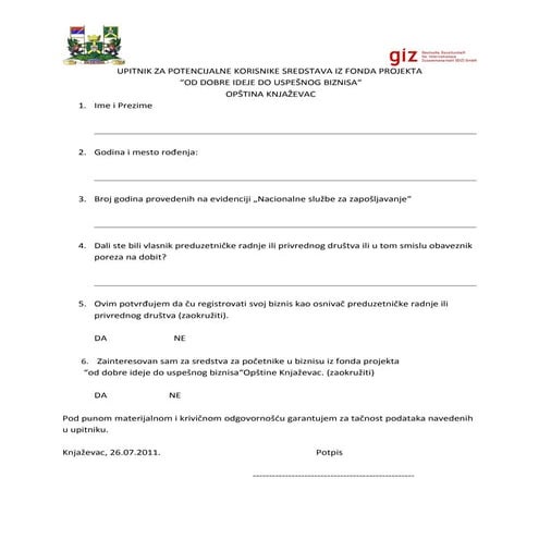 Upitnik za potencijalne korisnike sredstava iz fonda projekt aknjfin | DOC