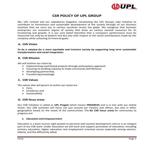CSR POLICY OF UPL GROUP | PDF