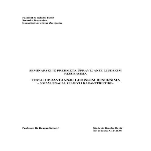 Upravljanje ljudskim resursima pojam, znacaj, ciljevi i karakteristike | PDF