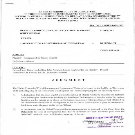 UPSA JUDGEMENT.pdfCopyright Infringement: High Court Rules against UPSA: A Wake-Up Call for ...