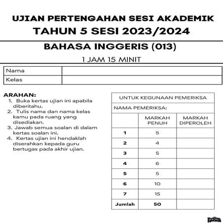 UASA ENGLISH YEAR 5 - EXAM PAPER EXAMPLE | PDF