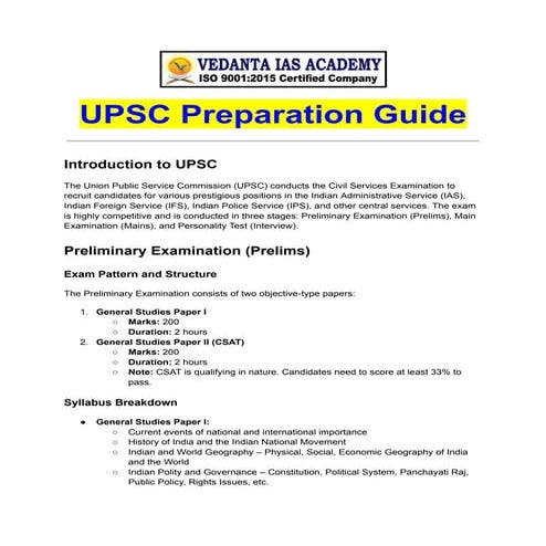 UPSC Preparation Guide - Vedanta IAS Academy | PDF