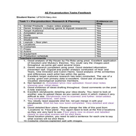 Upson mary anne a2 cw pre-production tasks feedback sheet | DOCX