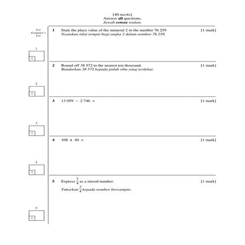mid term mathematics exam form 1 | DOC
