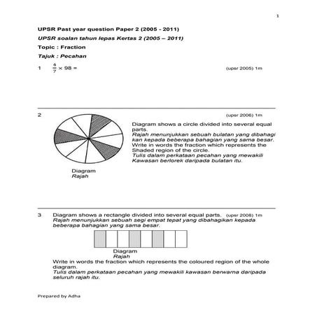 Upsr past year question paper 2 fraction | DOCX