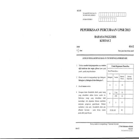 Upsr trial kelate 2013 bahasa inggeris (paper 2) | PPT