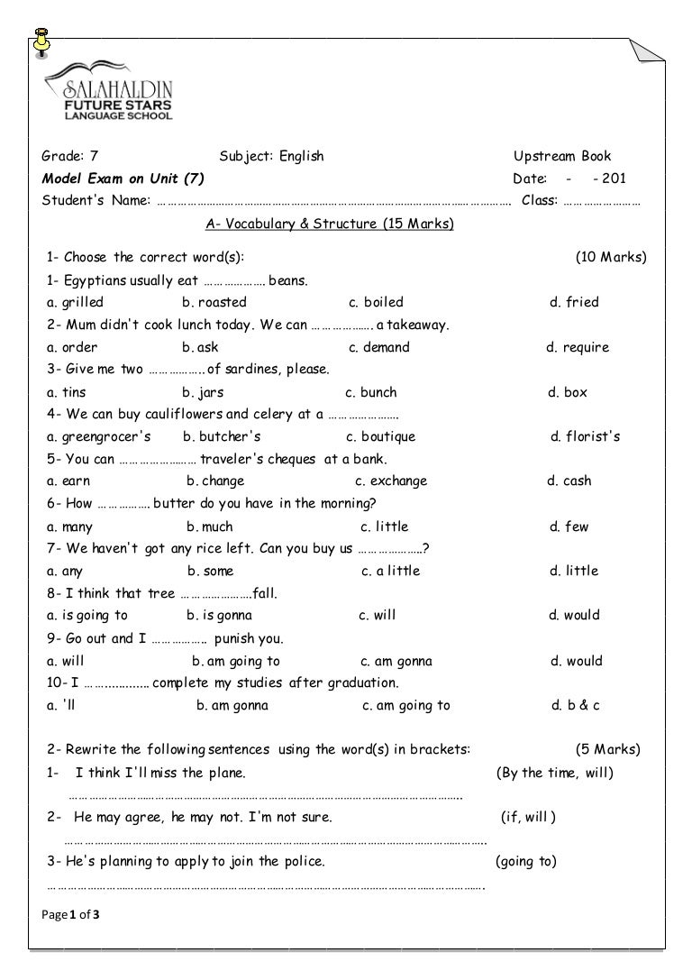 Upstream A2 Unit 7 Worksheet