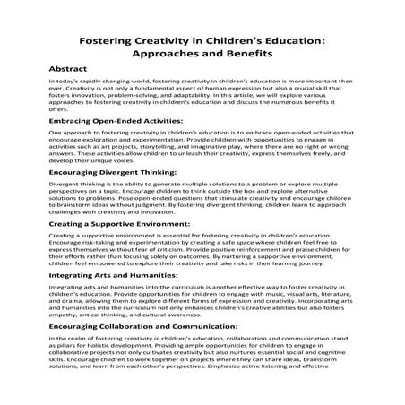 Fostering Creativity in Children's Education: Approaches and Benefits ...