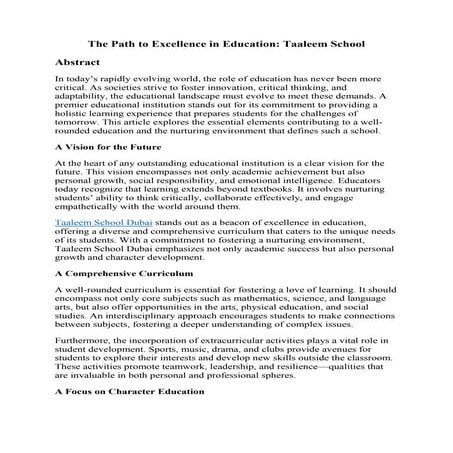 The Path to Excellence in Education: Taaleem School | PDF