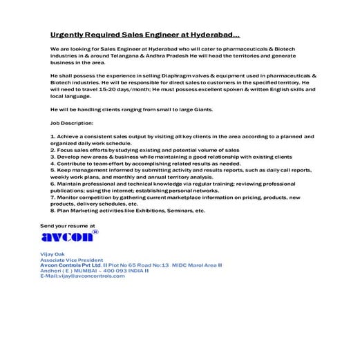 Urgently required sales engineer at hyderabad | DOCX