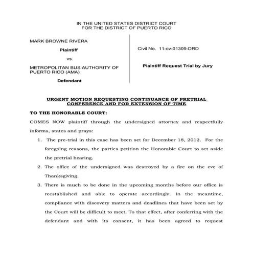 Urgent motion requesting continuance of pretrial conference and for ...