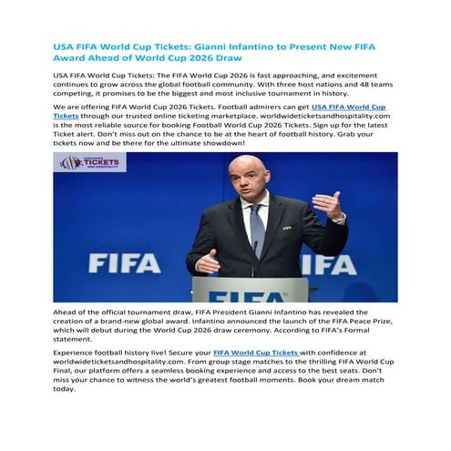 USA FIFA World Cup Tickets Gianni Infantino to Present New FIFA Award ...