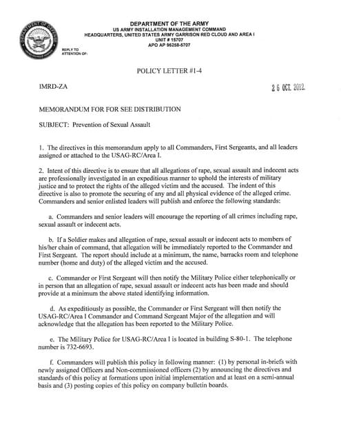 USAG Red Cloud and Area I Policy Letters | PDF