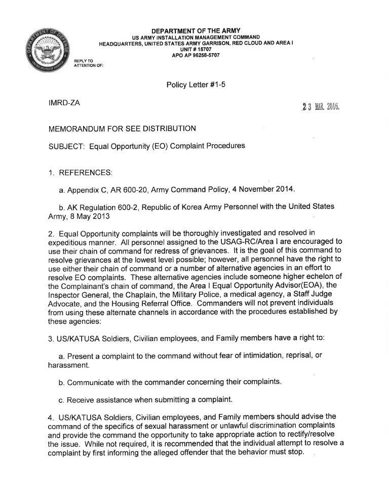 USAG Red Cloud Command Policy 1-05 EO Complaint Procedures