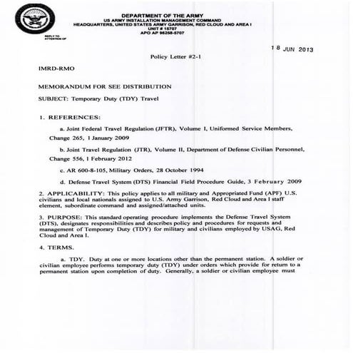 USAG Red Cloud Command Policy 2-01 TDY Travel | PDF | Death, Injury, or ...