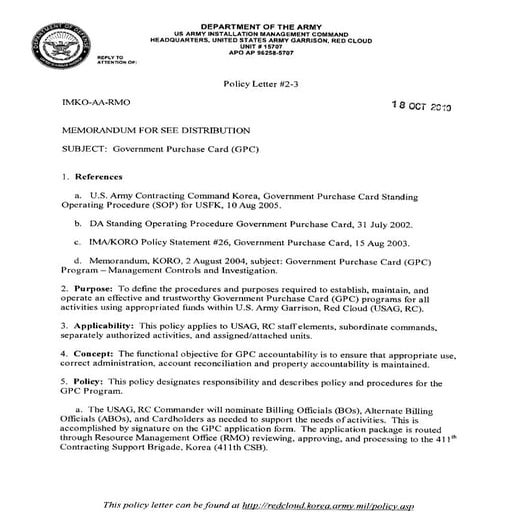 USAG Red Cloud Command Policy 2-03 Government Purchase Card | PDF