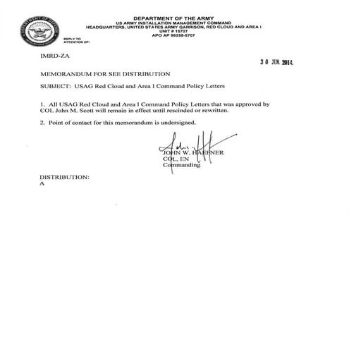 USAG Red Cloud and Area I Policy Letters | PDF