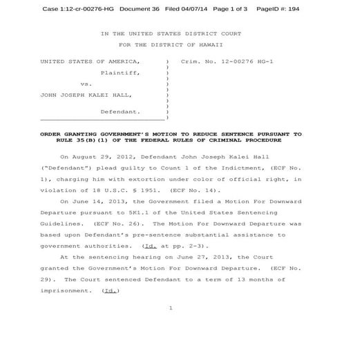 Rule 35(b) Substantial Assistance Post Sentence | PDF